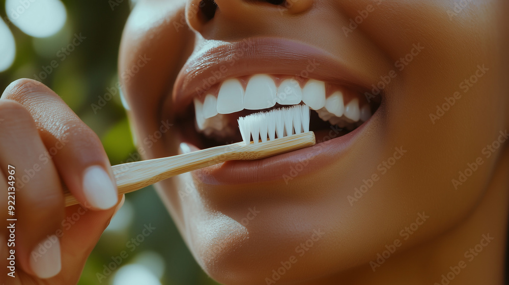 Close-up of the process of brushing teeth with a bamboo toothbrush ...
