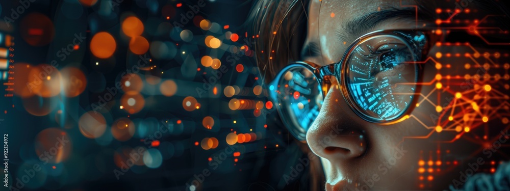 Abstract image of a data scientist merging big data visualizations with ...
