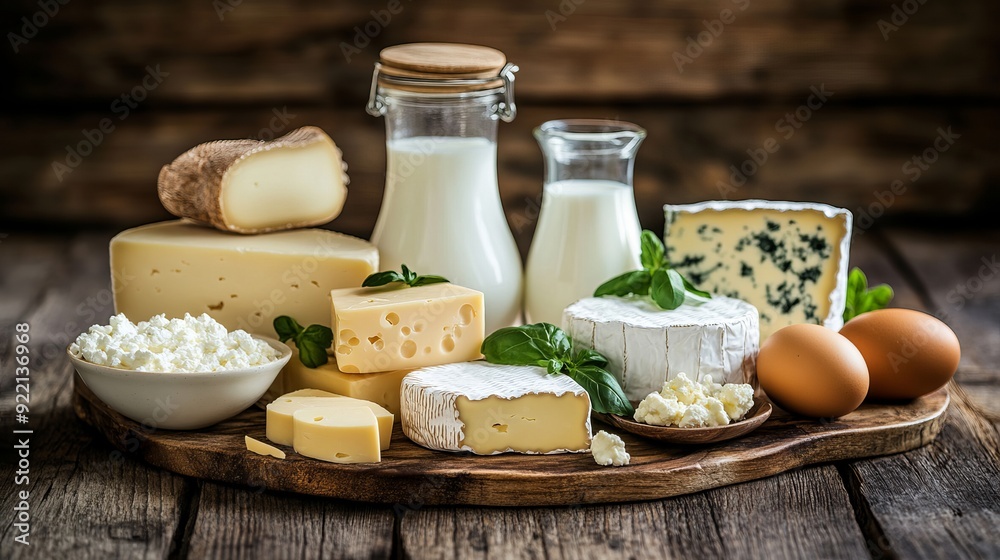Dairy products assortment shot on rustic wooden table. Dairy products ...