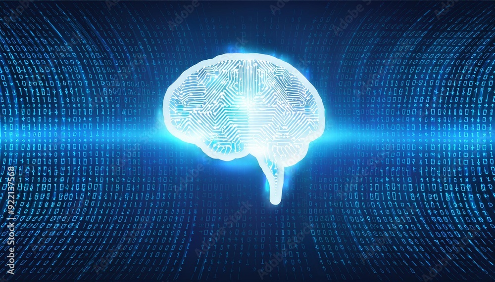 Smart glowing brain on blue abstract digital binary code background. Sciene technology and ...