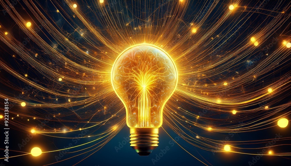 Abstract yellow light bulb futuristic technology network node. Cable ...