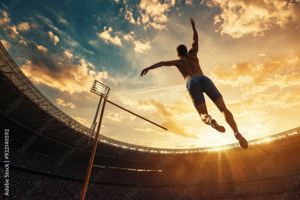 A pole vaulter captured mid-air as they clear the bar against a ...