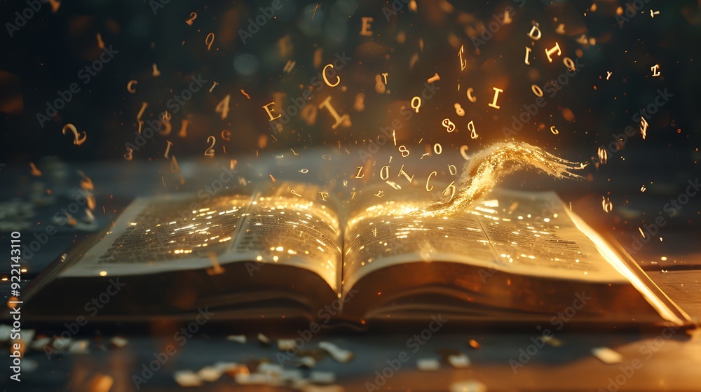 open book with floating letter and symbol summon by book with lighting and magic effect from ...