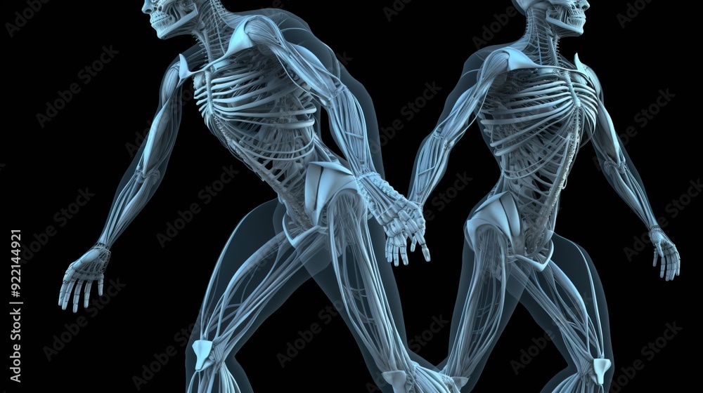 Anatomical structure of muscular system of human body, dark background ...