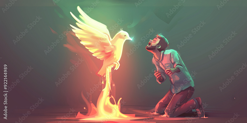 Pentecost concept art. Glowing white dove of the holy spirit descending ...