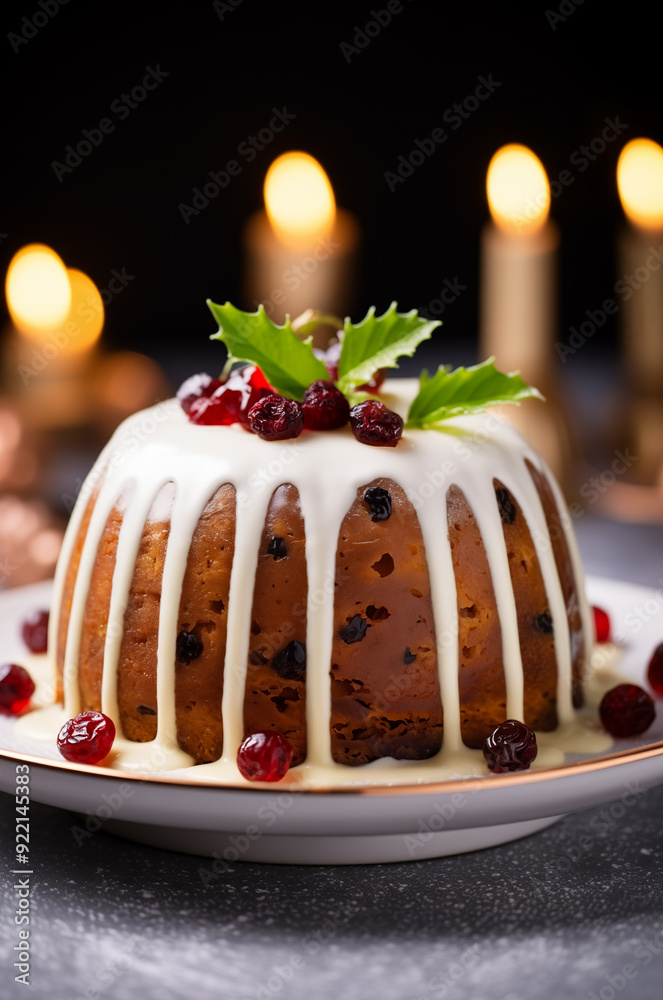 Festive Christmas pudding topped with creamy white custard sauce. The ...