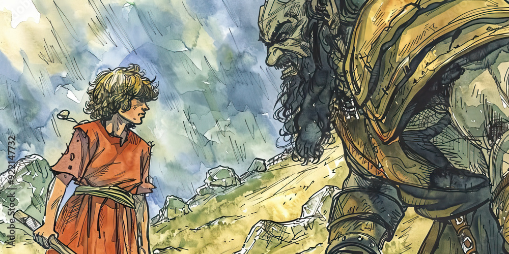 David and Goliath. Bible story of young Shepherd boy defeating a giant ...
