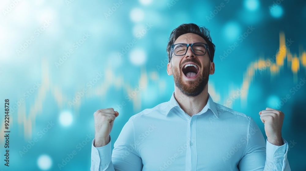 Ecstatic businessman celebrating stock market success, photorealistic ...