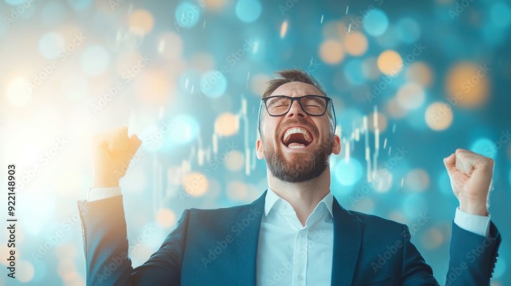 Ecstatic businessman celebrating stock market success, photorealistic ...