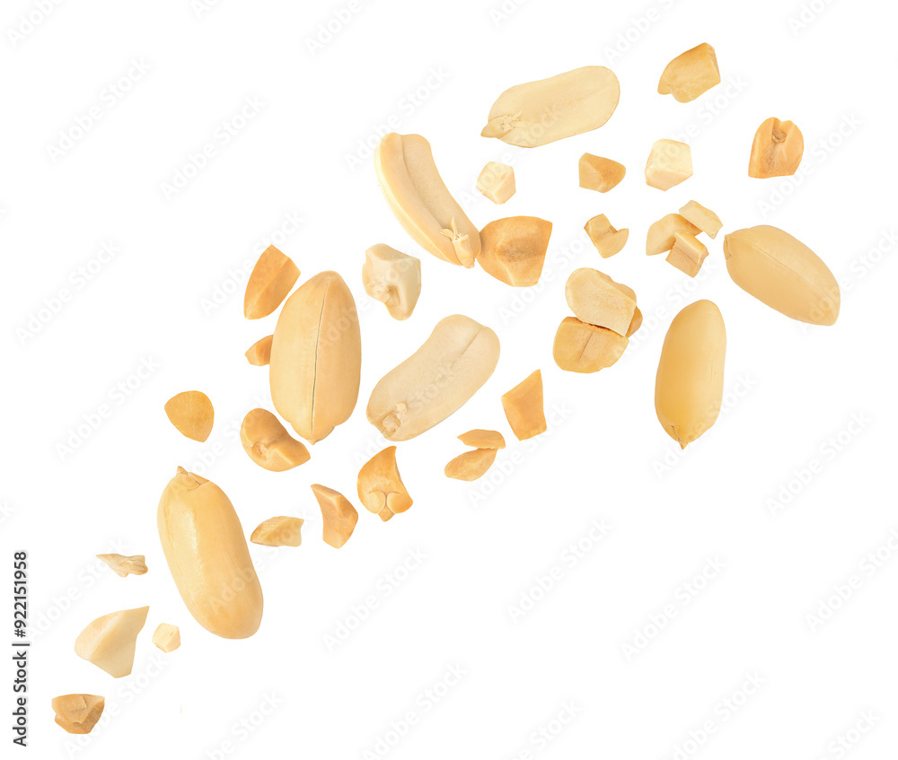 Peeled Peanuts levitating in air on white background. Isolated Falling ...