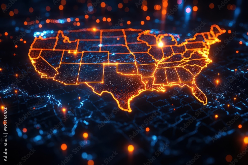 aipowered satellite grid visualization glowing network overlay on stylized usa map showcasing ...