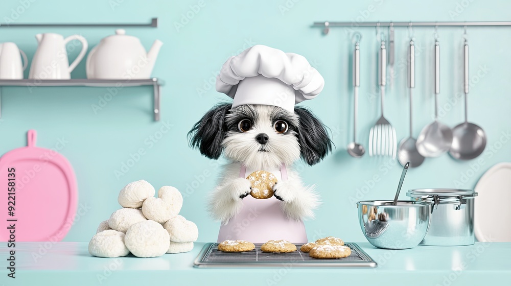 Cute Dog Baking Cookies in a Pastel Kitchen With Utensils While Wearing ...