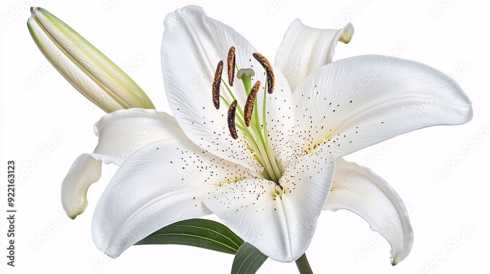 A regal lily with large, trumpet-shaped petals in a pure white hue. The ...