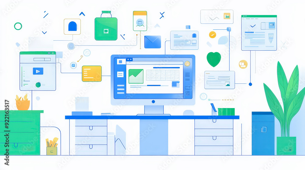 e-documents : Showcasing Modern workspace illustration featuring a ...