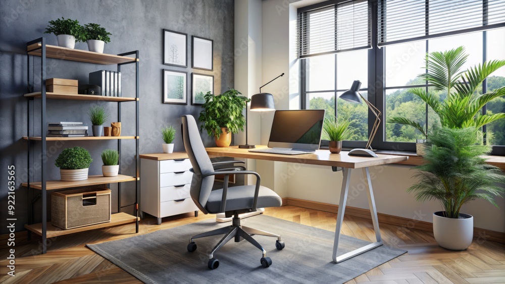 Modern workspace with laptop computer and desktop PC, keyboard, mouse ...