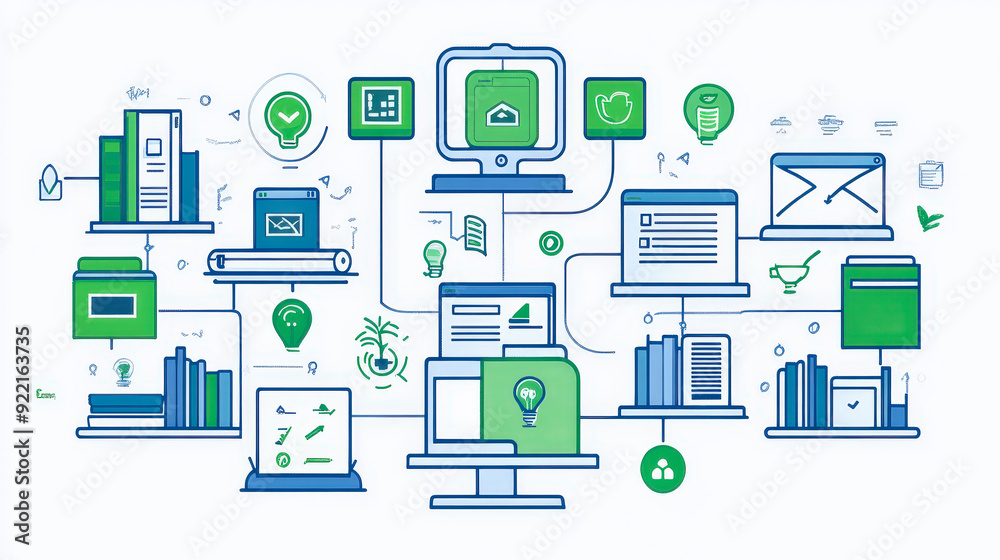 e-documents : Showcasing interconnected computer devices and icons ...