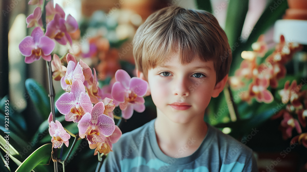 child and orchid, kid with orchid plant, orchid child, youth tending to ...