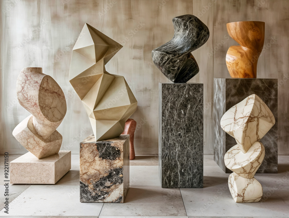 A collection of abstract sculptures are displayed on pedestals. The ...