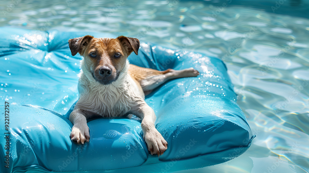 A white dog relaxes and floats on a pool float in the family swimming ...