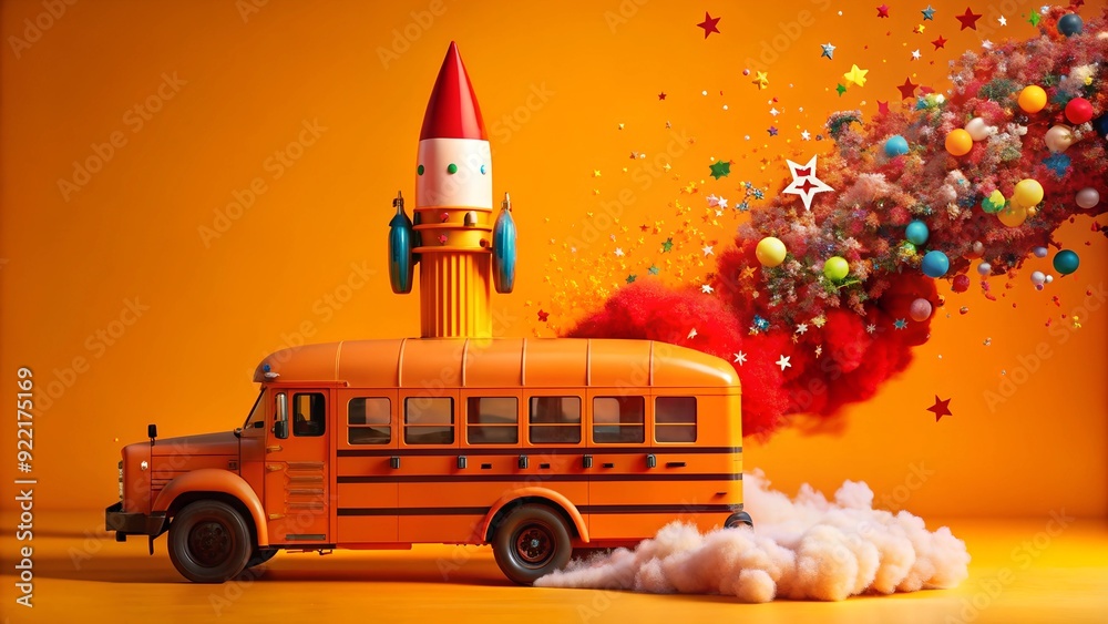 School bus transforming into a rocket ship, blasting off into space ...