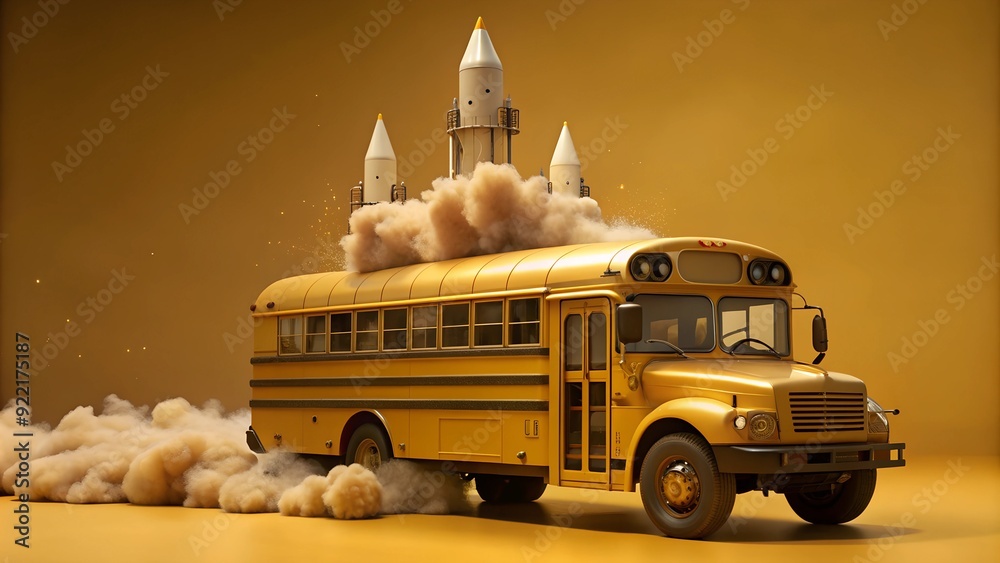 ภาพประกอบสต็อก School bus transforming into a rocket ship, blasting off ...