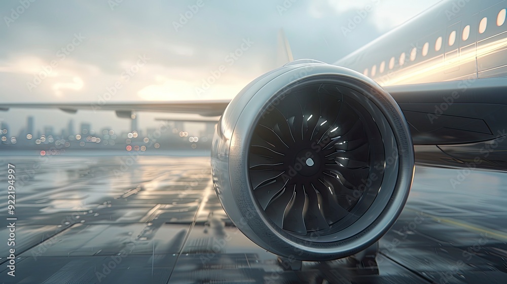A powerful jet engine mounted on an aircraft wing, with its turbines ...