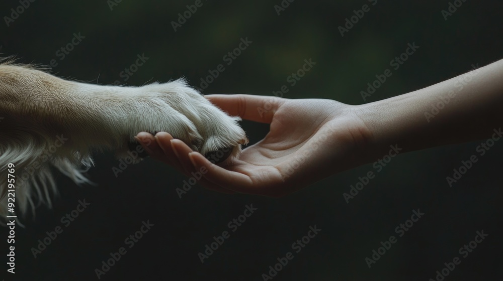 Human hand reaching out to hold a dog paw, representing support, care ...