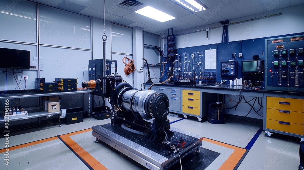 A high-tech engine testing lab with various sensors and monitoring ...