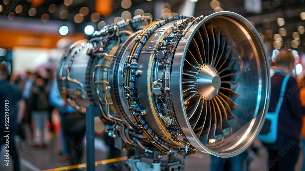 A powerful aircraft engine on display at an airshow, with its intricate ...
