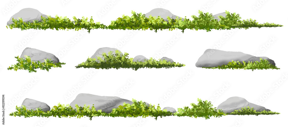 Vector watercolor green tree or meadow with rock side view isolated on ...