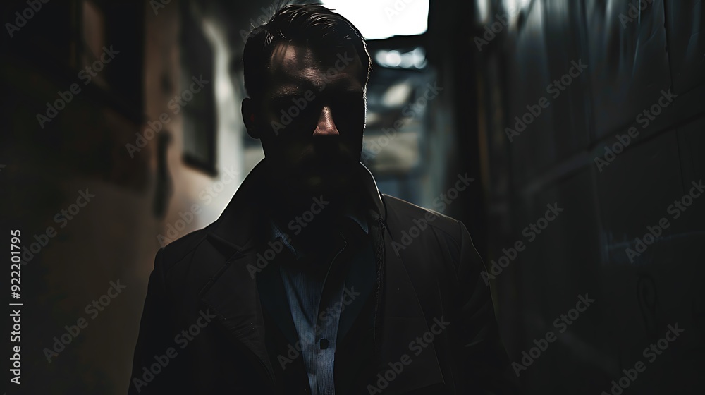 Mysterious man with a poker face standing in the shadows of an alley ...