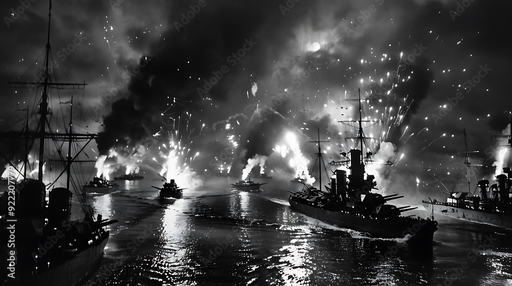 Naval battle at night with ships exchanging fire and explosions ...