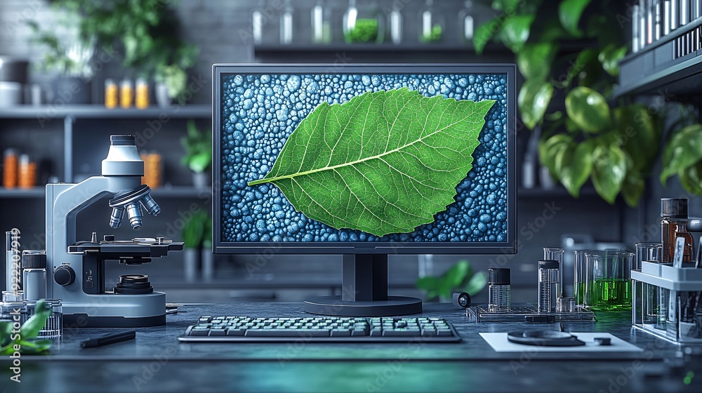 Depicts a microscope focusing on the surface of a leaf, revealing the ...