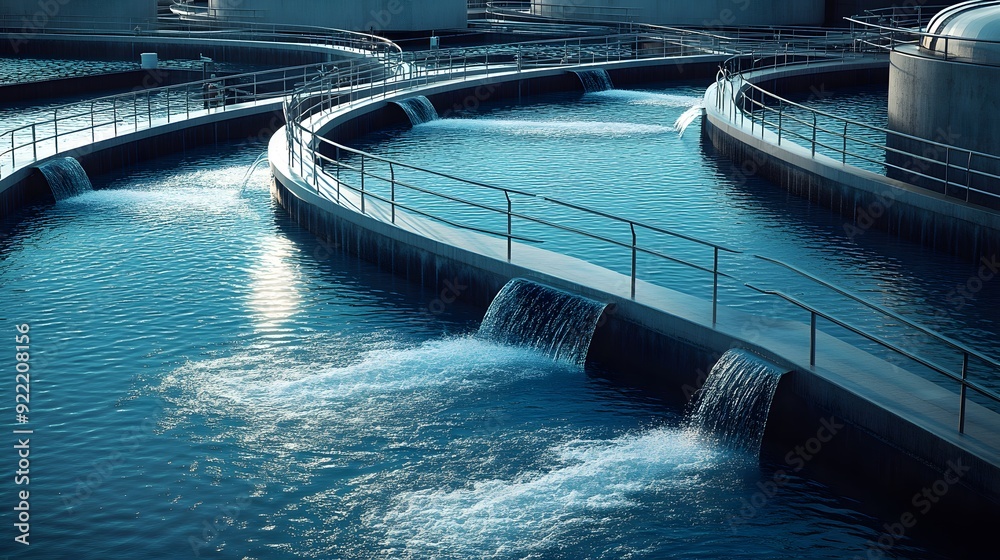 Modern water treatment facility, bright daylight, circular tanks ...