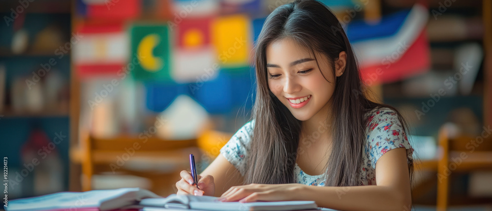Study aboard, A lively Asian collage girl organizes her study materials ...
