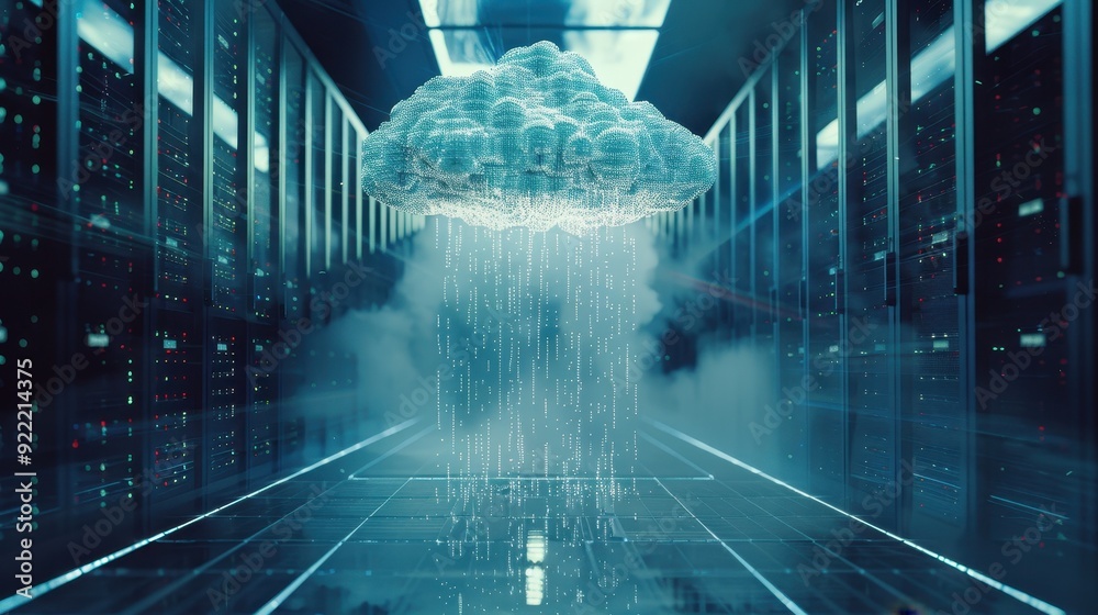 Abstract cloud with binary code raining down onto a server room, symbolizing data processing ...