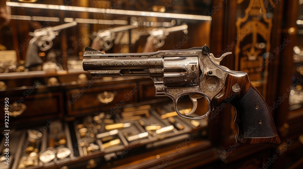 A detailed view of a revolver in a gun cabinet, with glass doors ...