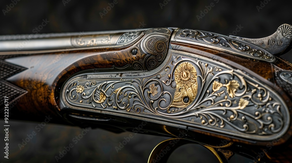 A close-up of a gunâ€™s engraved serial number and markings ...