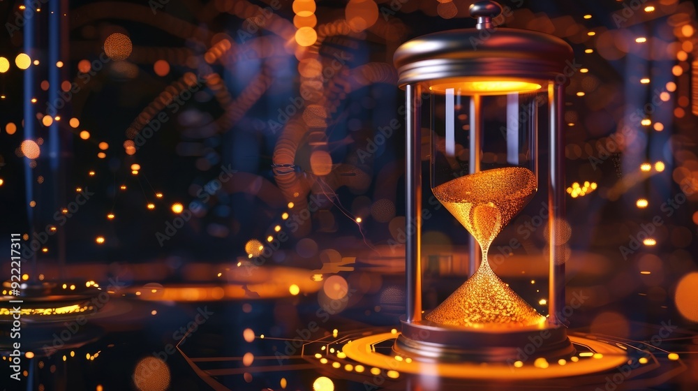 clock is running showing in a hourglass with scifi sand, epic art ...
