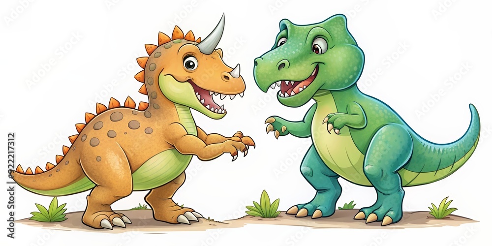 Whimsical of a friendly T-Rex and Triceratops playing together ...