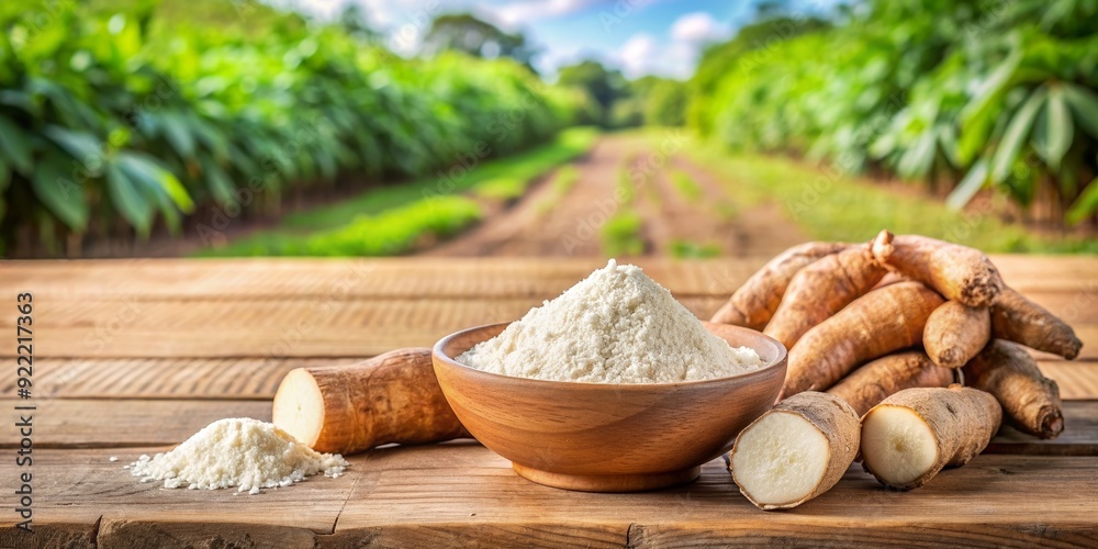 Cassava flour with fresh cassava roots in the background on a farm ...