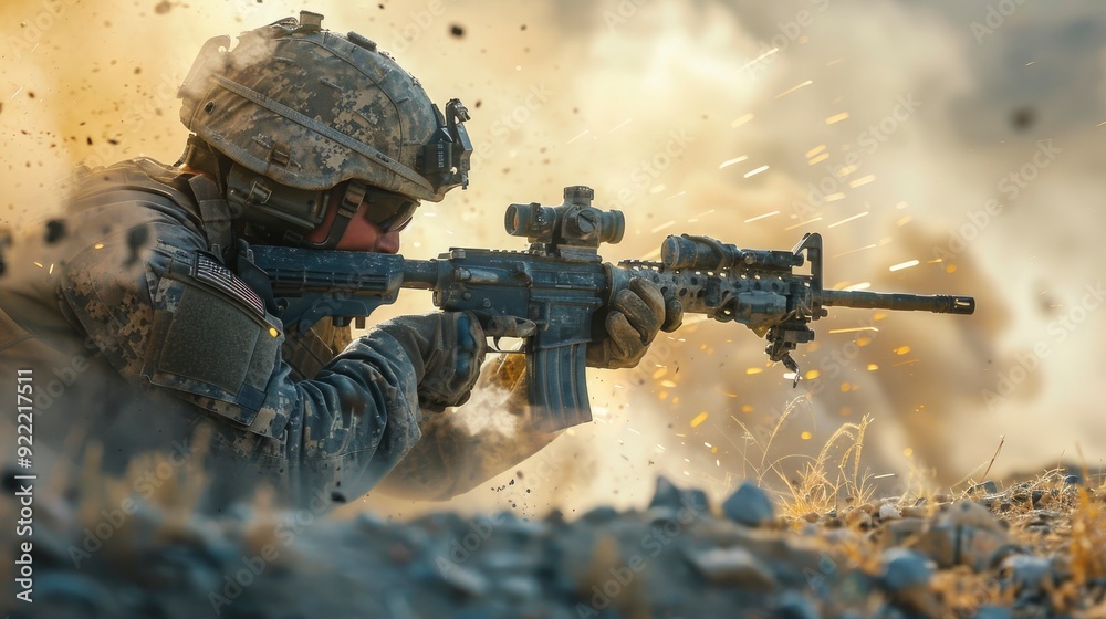 A dynamic image of a soldier aiming a rifle from behind cover in a ...