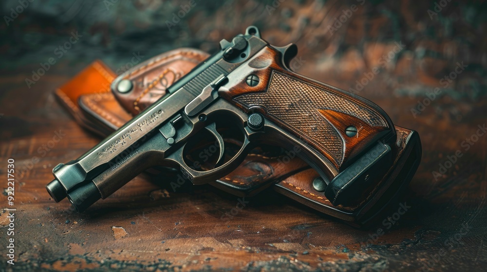 A high-resolution shot of a concealed carry pistol inside a leather ...