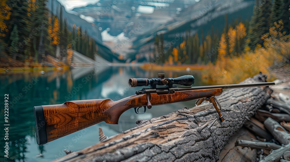 A serene image of a rifle resting on a log in a picturesque outdoor ...