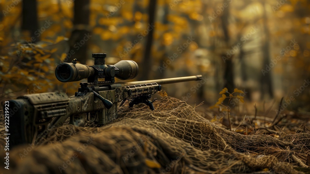An atmospheric shot of a sniper rifle resting on a camouflage net in a ...