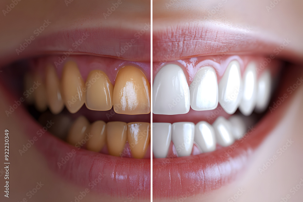Close-up split image showing the before and after results of teeth ...