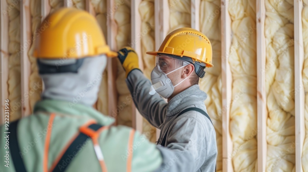 Two male construction workers wearing yellow hard hats and safety gear ...