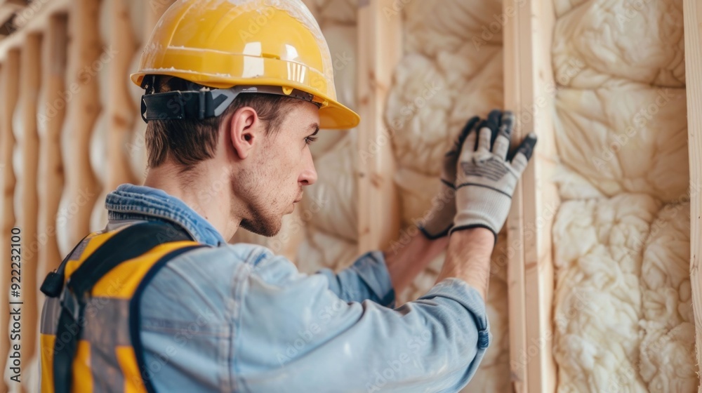 Insulation workers wearing hard hats and protective gloves working on ...