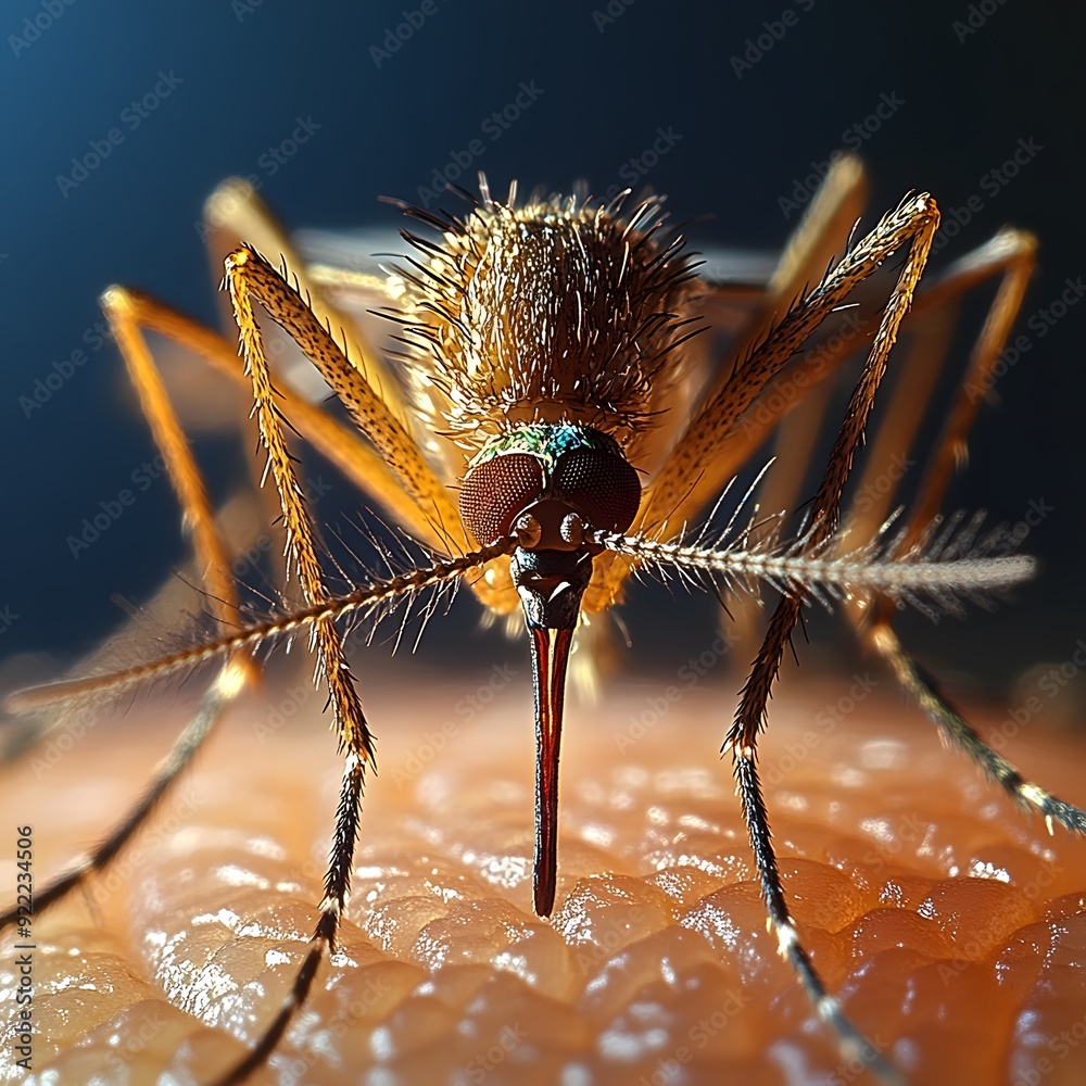 Close-Up Mosquito: A detailed close-up of a mosquito landing on human ...