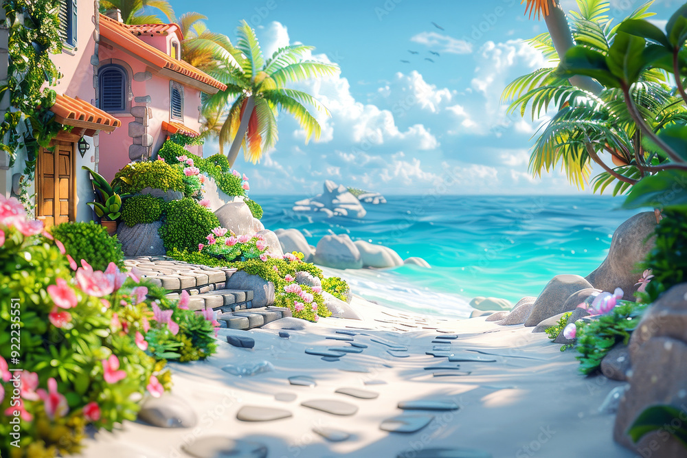 3D render of serene seaside beach path with vibrant foliage and ocean ...